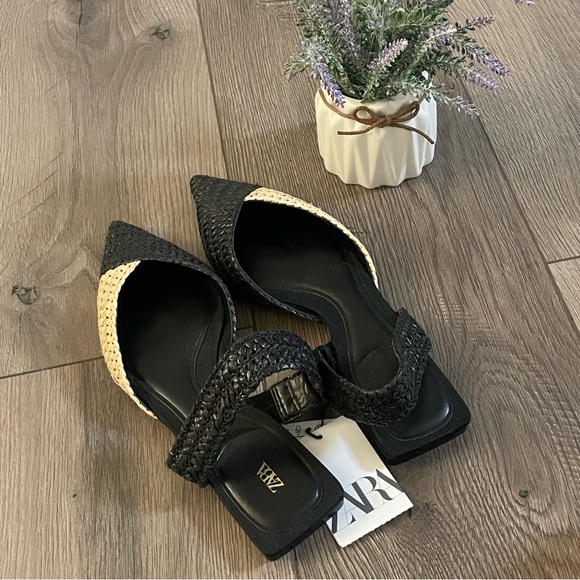 Zara | Shoes | Zara Pointed Toe Contrast Color Woven Raffia Slingback ...
